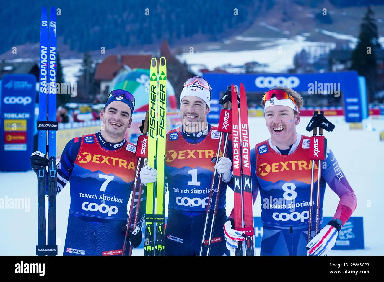 Toblach, Italy 20231230.The podium from v. 2nd place French Jules ...