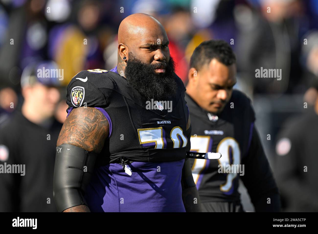 Baltimore Ravens offensive tackle Morgan Moses looks on during pre-game ...