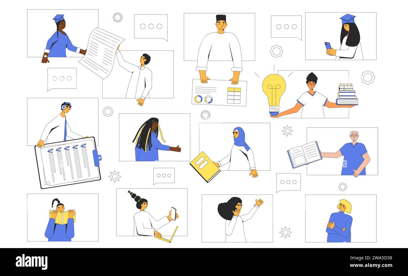 Online education. People talking to each other about learning goals and ...