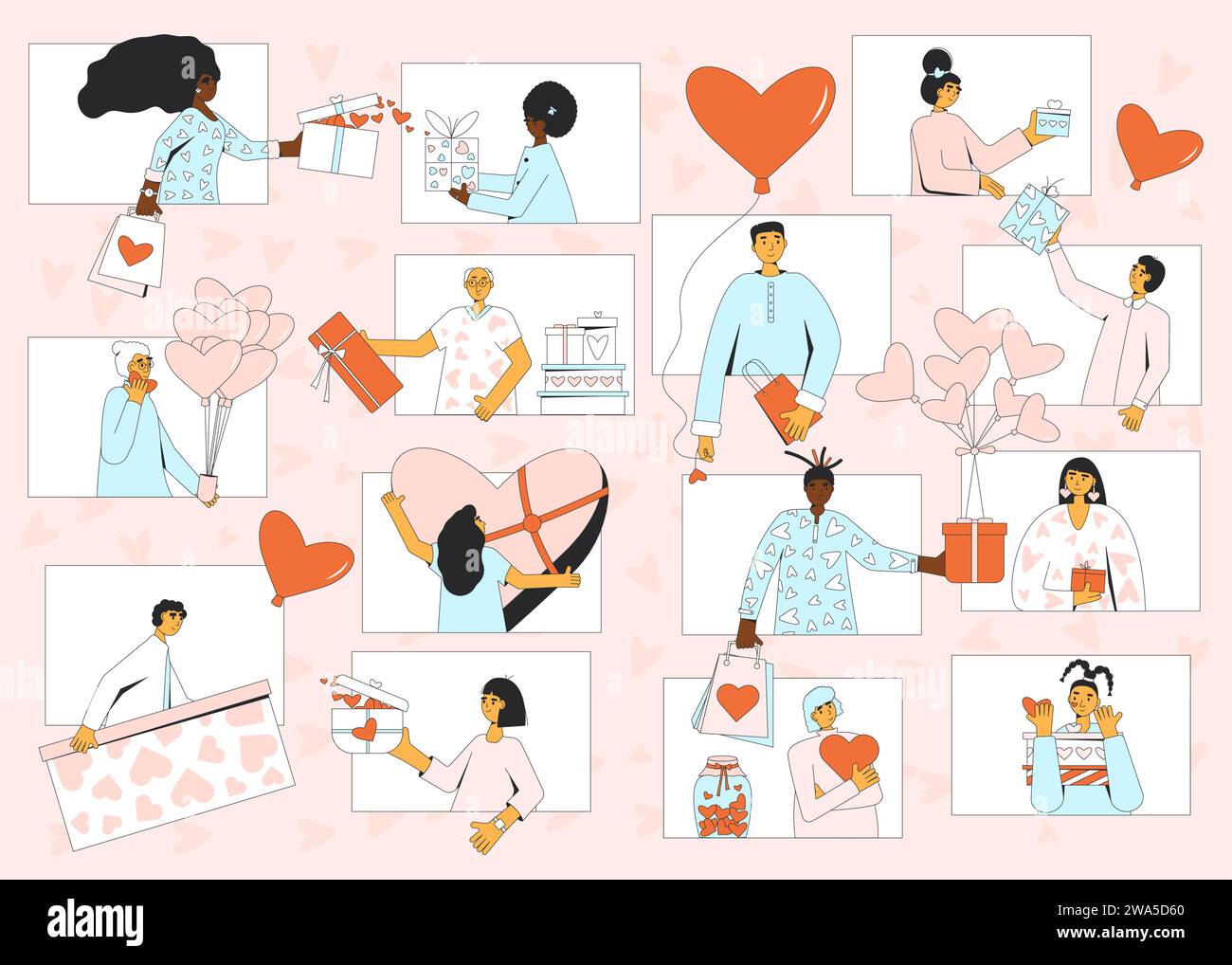 Valentine's Day virtual gift exchange. Group of characters holding ...