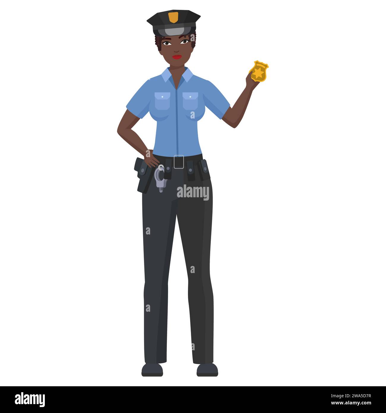 Black police woman shows badge. Female police officer in standing position cartoon vector ...