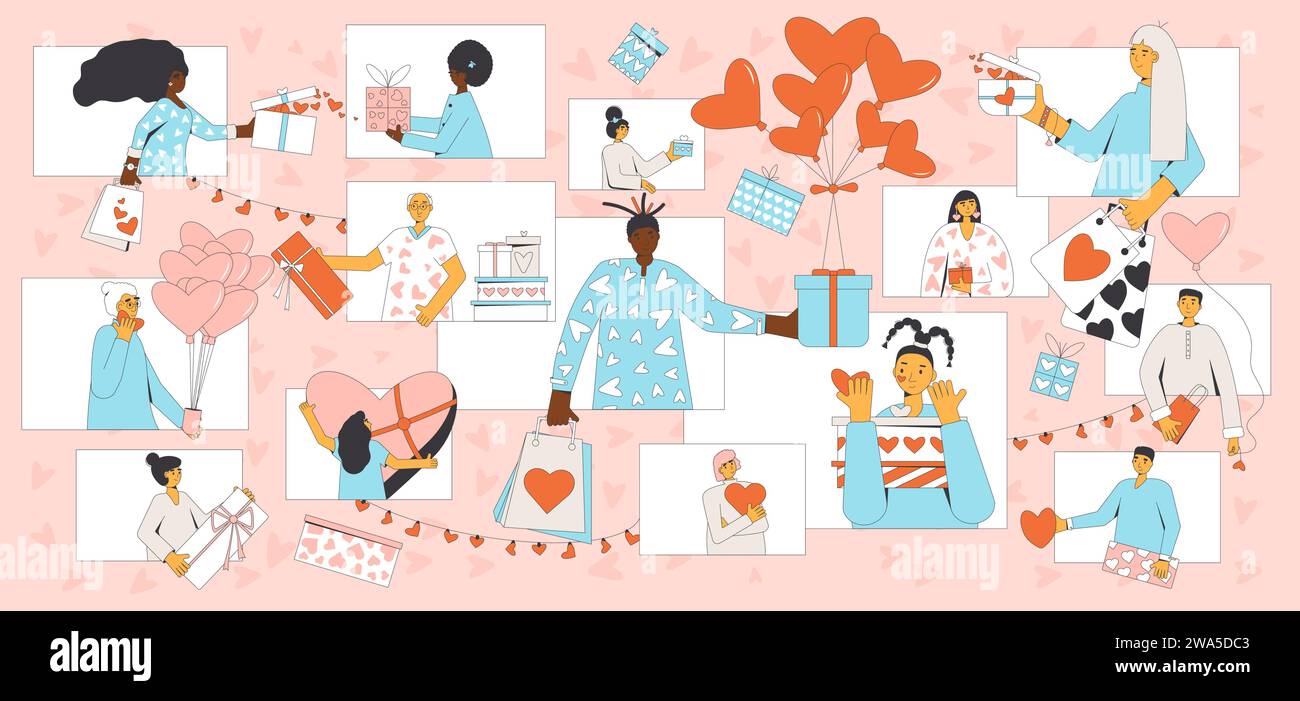 Valentine's Day virtual gift exchange. Human characters giving and ...