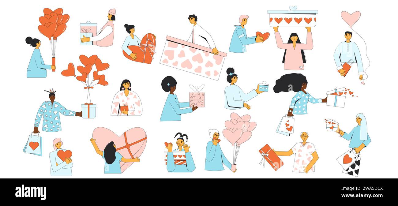 Valentine's Day people with gift set. People giving presents collection ...