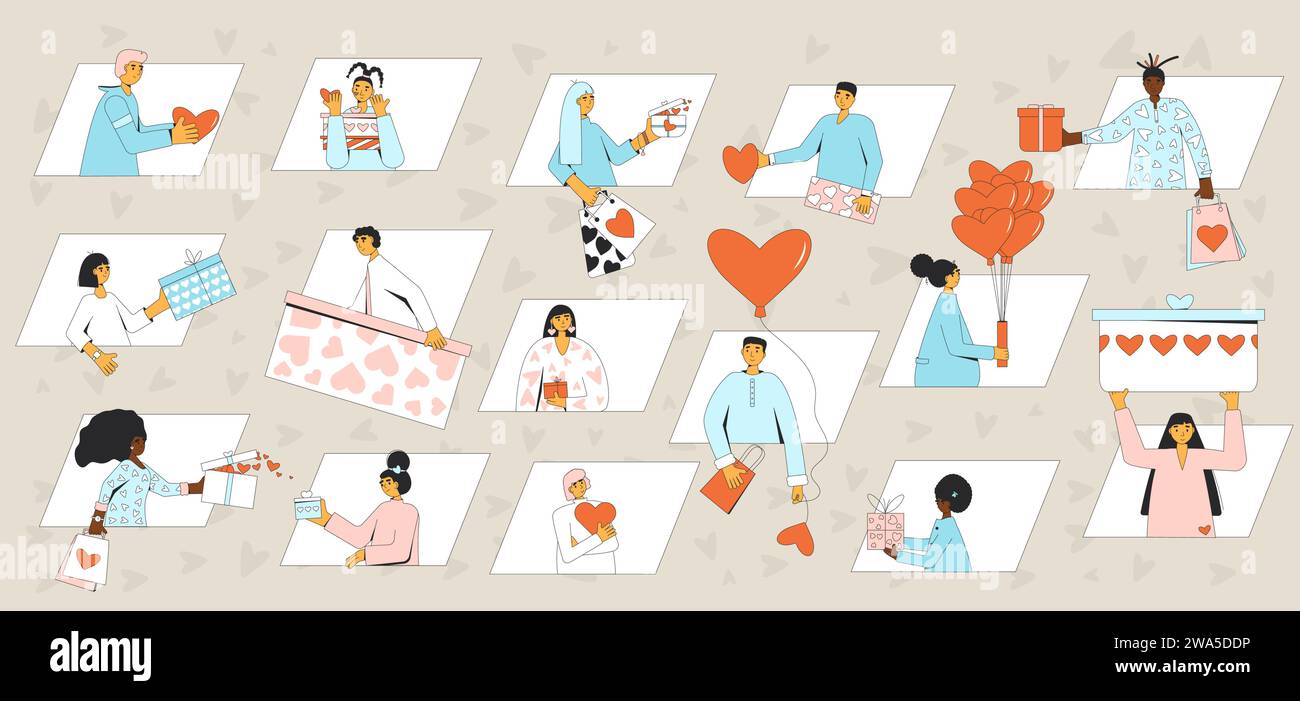 Valentine's Day virtual gift exchange. Human characters giving and ...