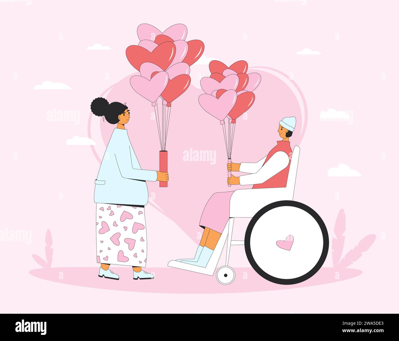 Inclusion love. Valentine's Day gift exchange. Couple giving and ...