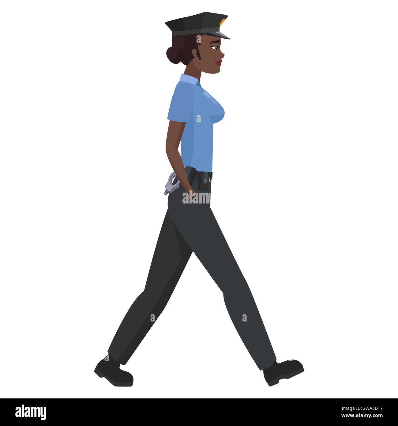 Side view of walking black police woman. Female police officer cartoon ...