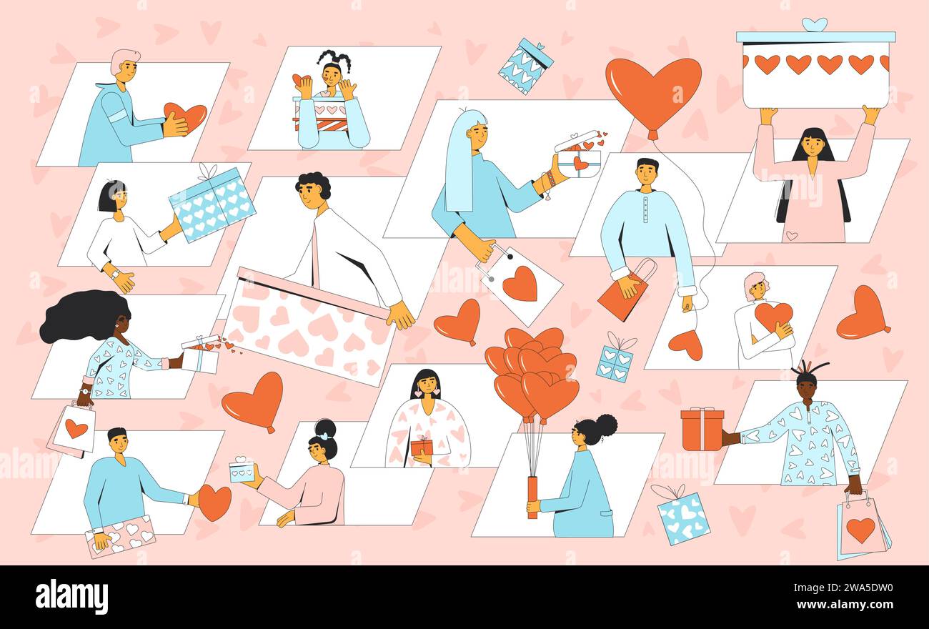 Valentine's Day virtual gift exchange. Group of people giving and ...