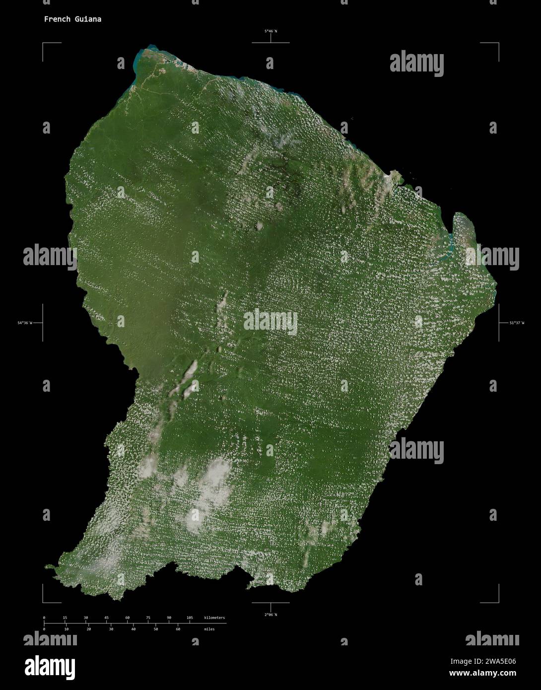 Shape of a high resolution satellite map of the French Guiana, with ...