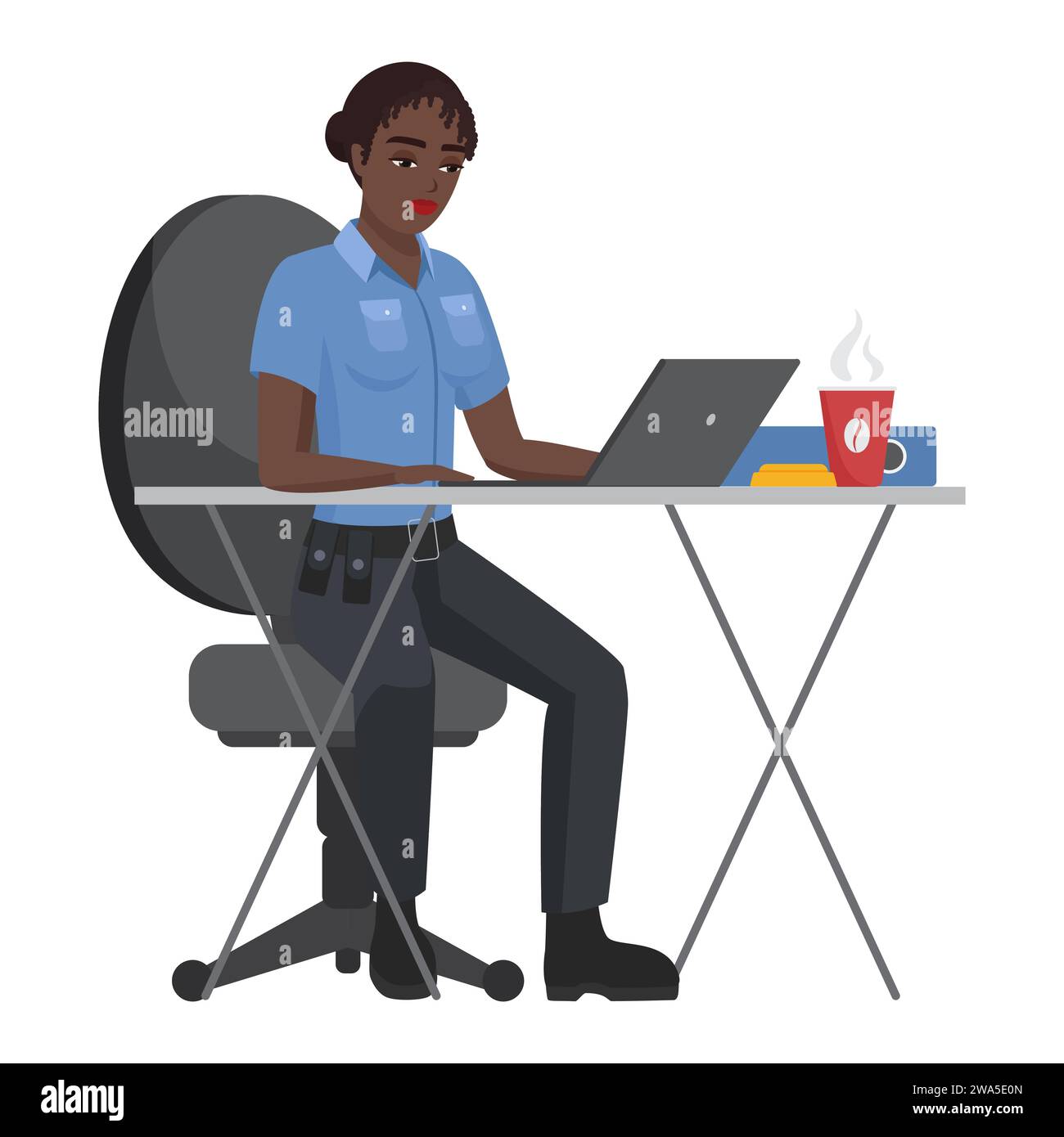 Black police officer woman working at table. Female police worker in ...