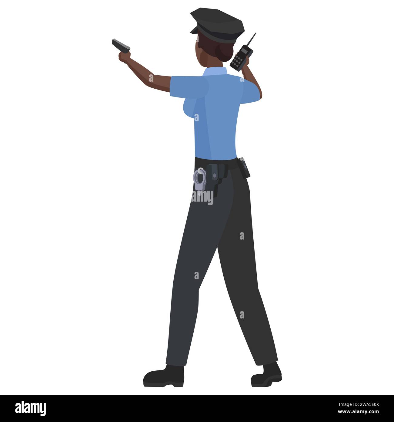 Back view of black woman police pointing with gun. African female officer with walkie talkie ...