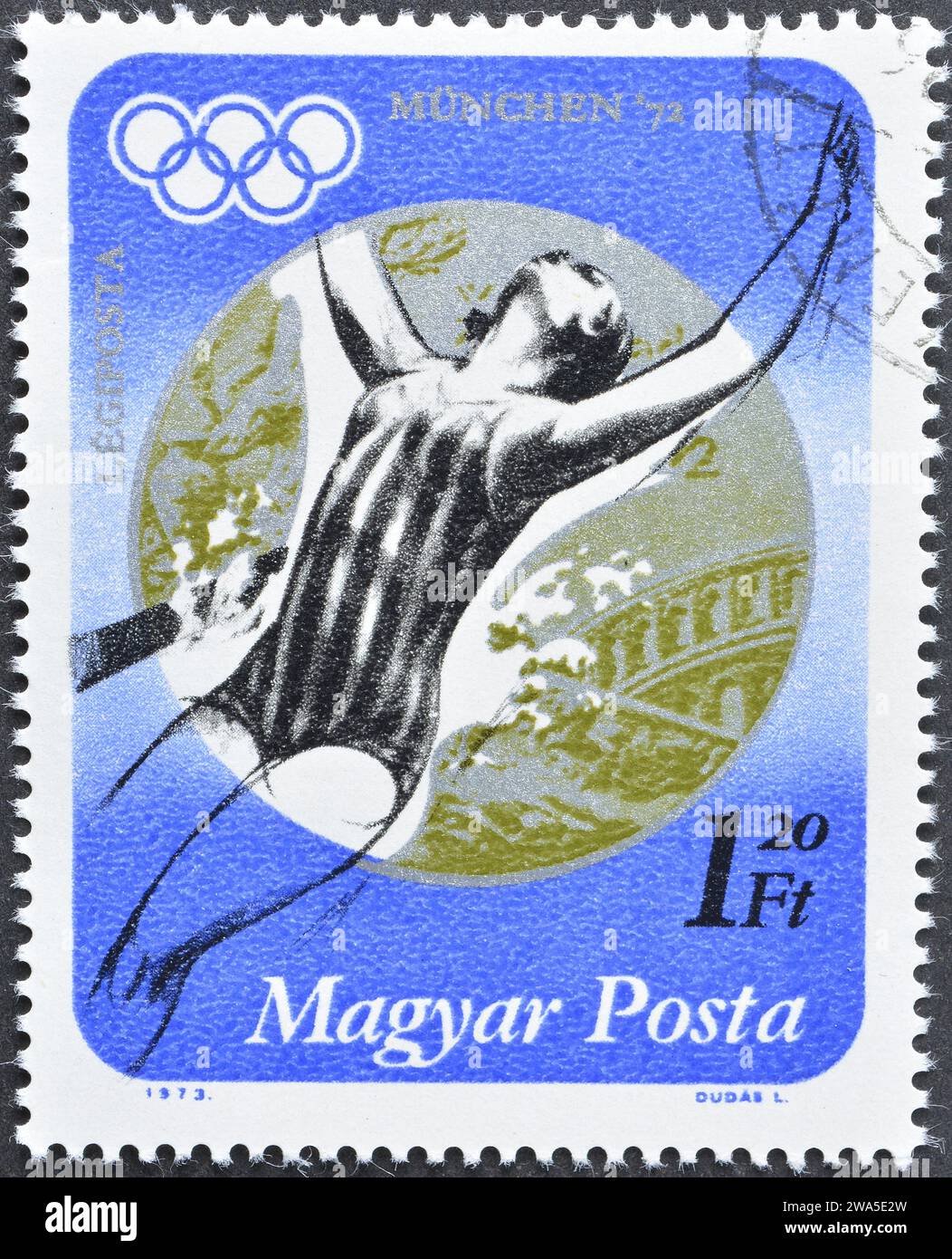 cancelled postage stamp printed by Hungary, that shows Silver medalist ...