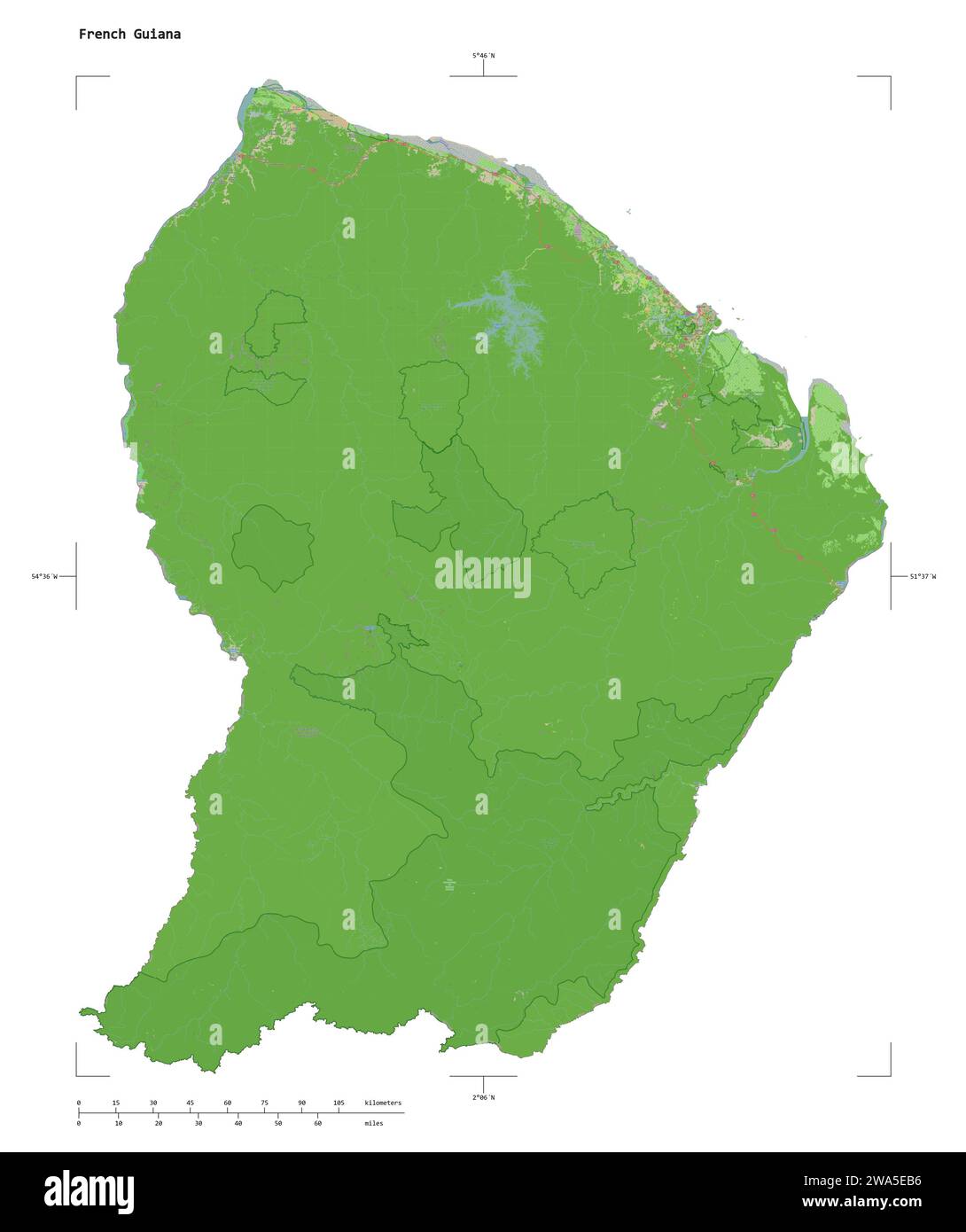 Shape of a topographic, OSM France style map of the French Guiana, with ...