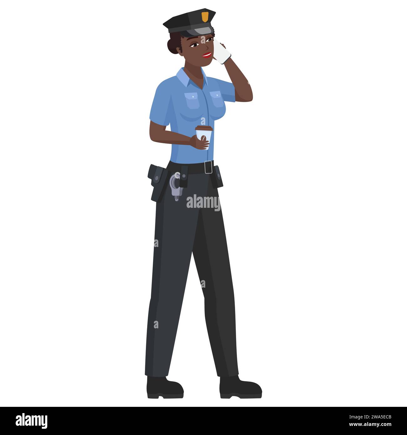Black female police officer with coffee. Woman police officer talking ...