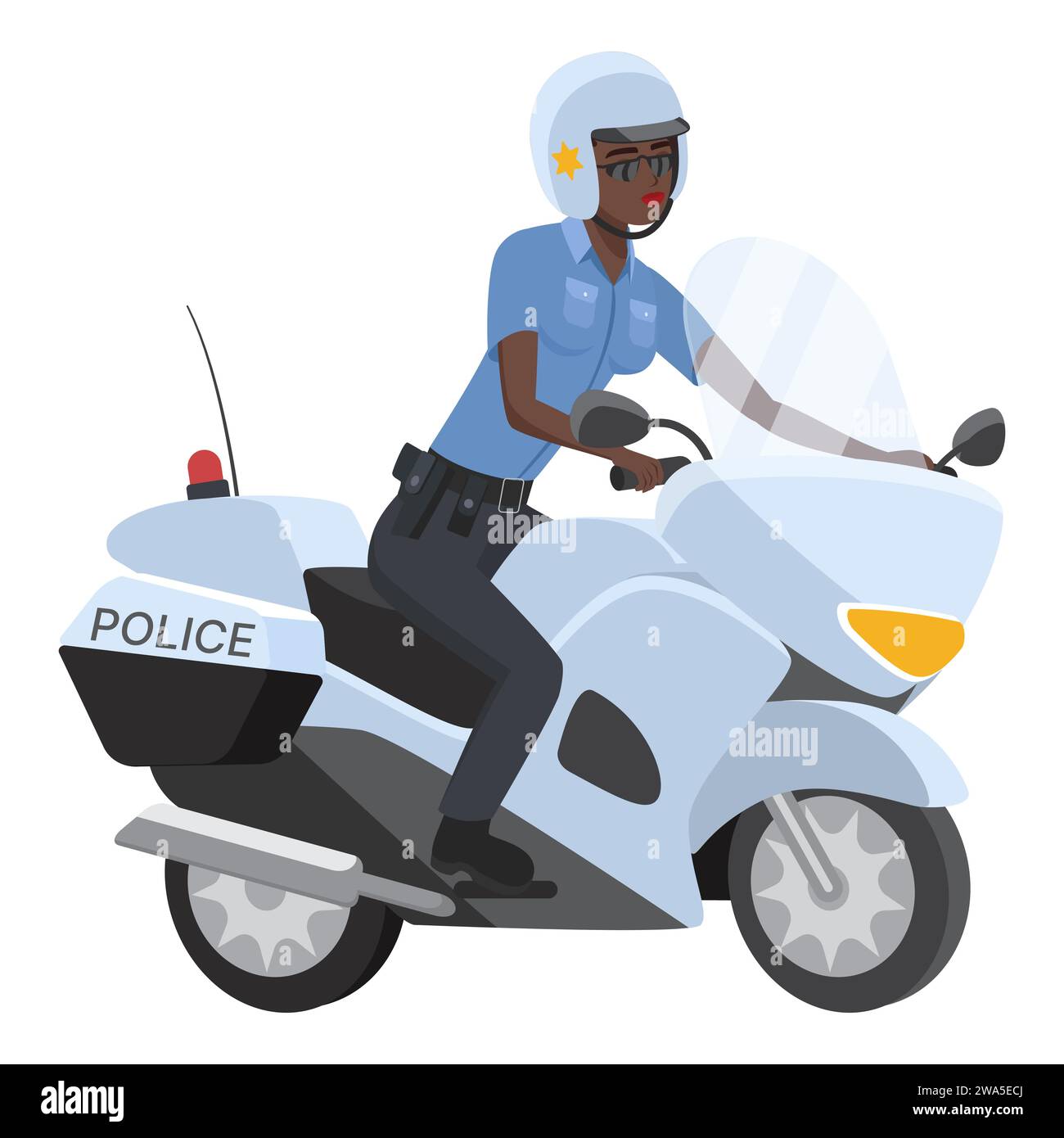 Front view of black woman police on motorbike. Police officer on ...