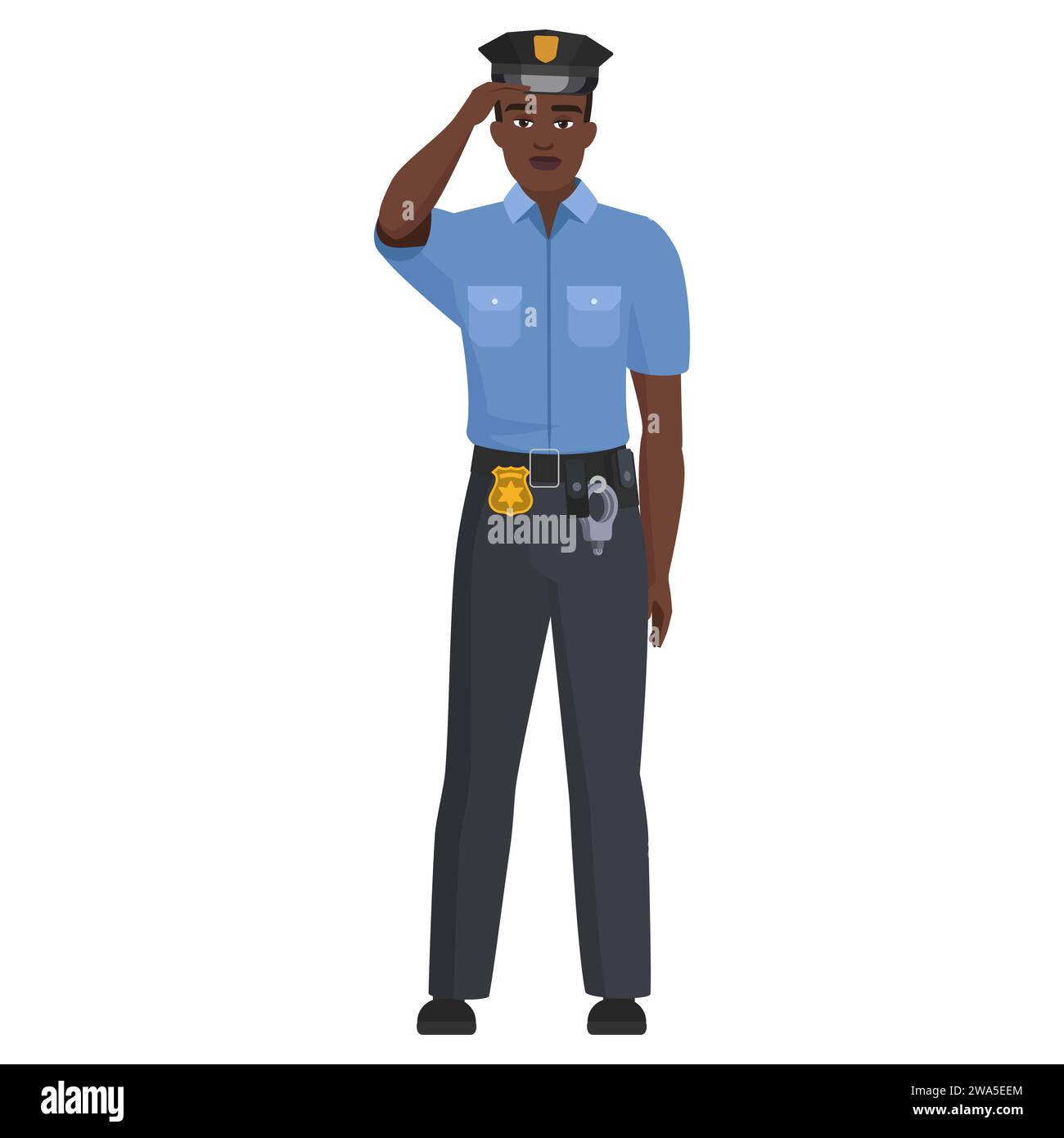 Serious black policeman in standing pose. Male police officer cartoon ...