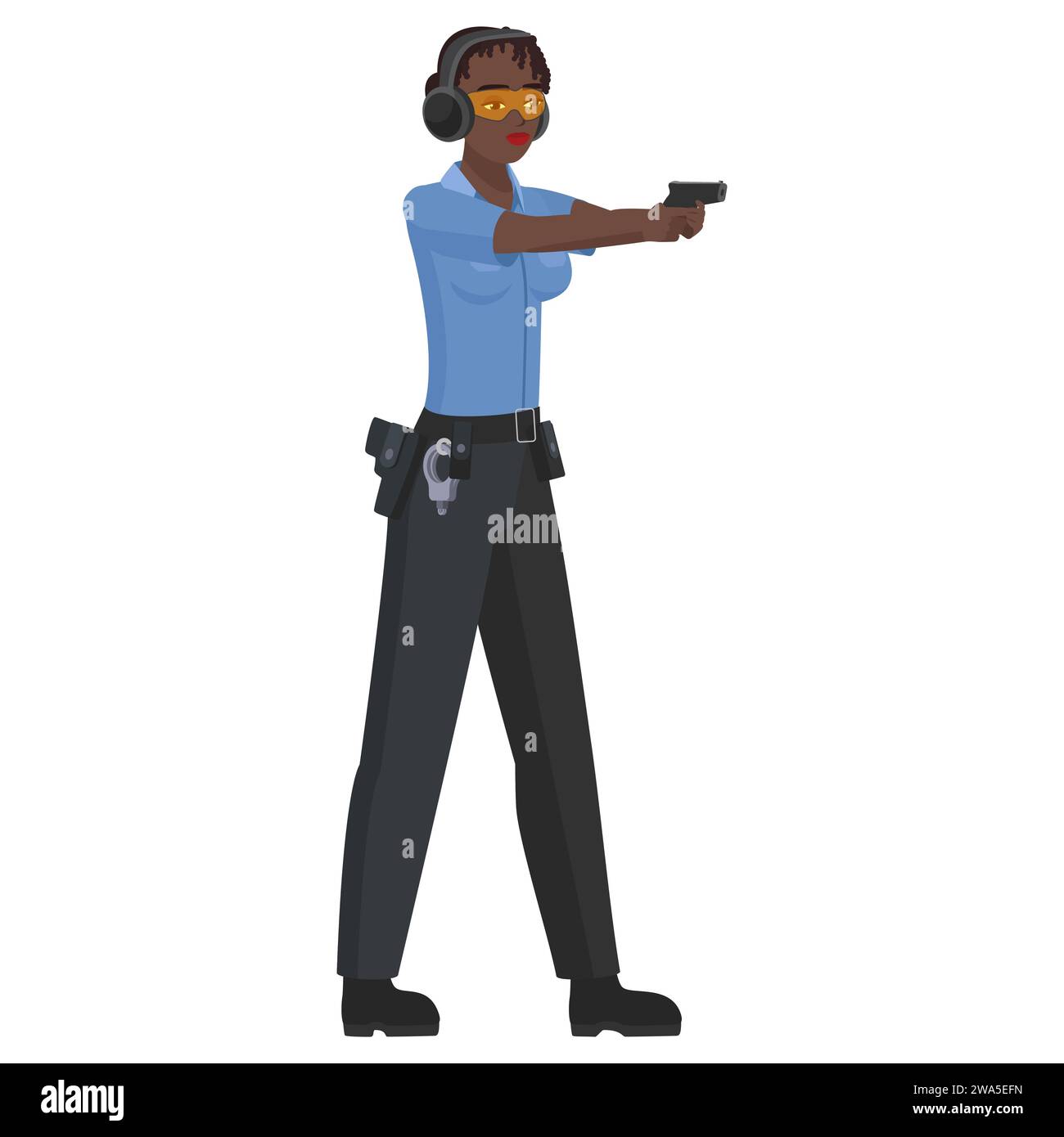 Black police woman target practice. African police officer gun training cartoon vector ...