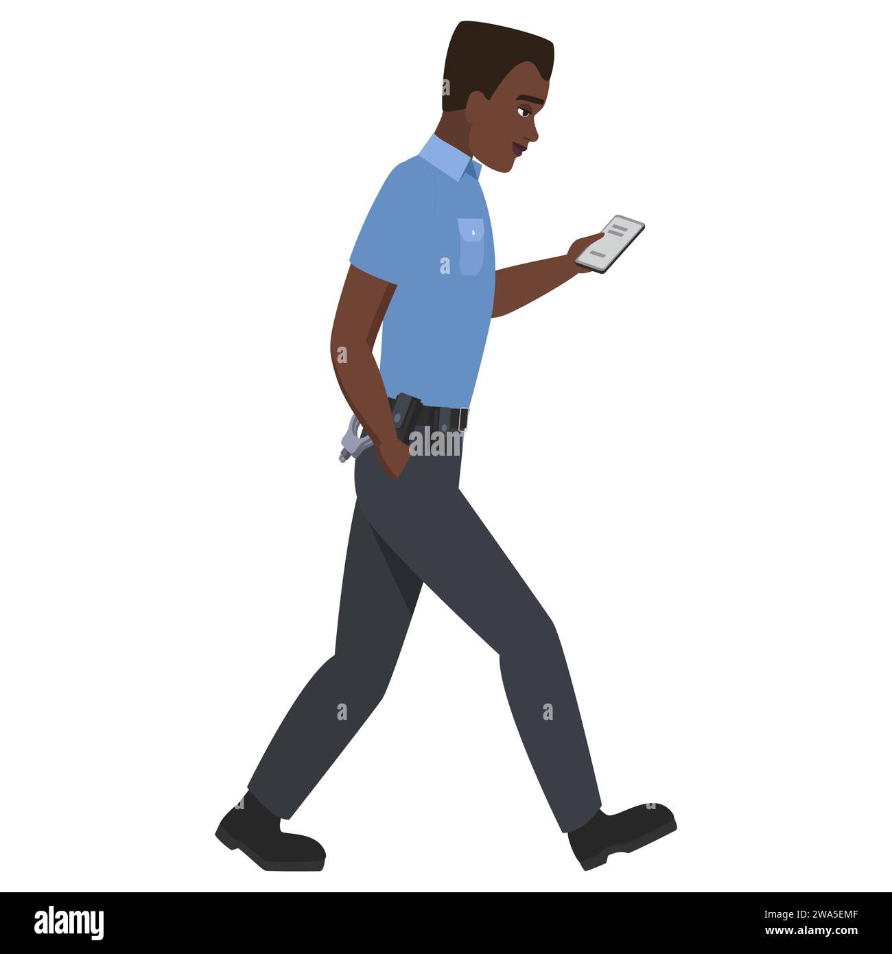Side view of black policeman with phone. African police officer using ...