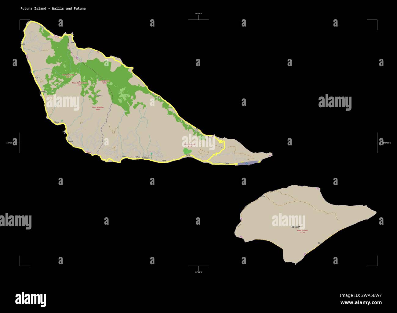 Shape of a topographic, OSM France style map of the Futuna Island ...