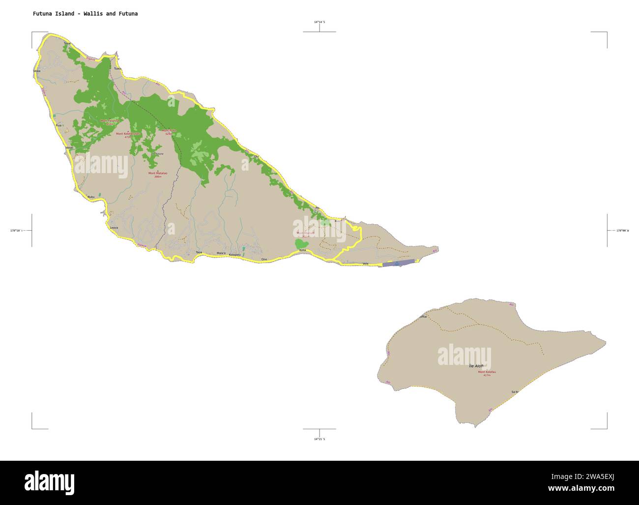 Shape of a topographic, OSM France style map of the Futuna Island ...