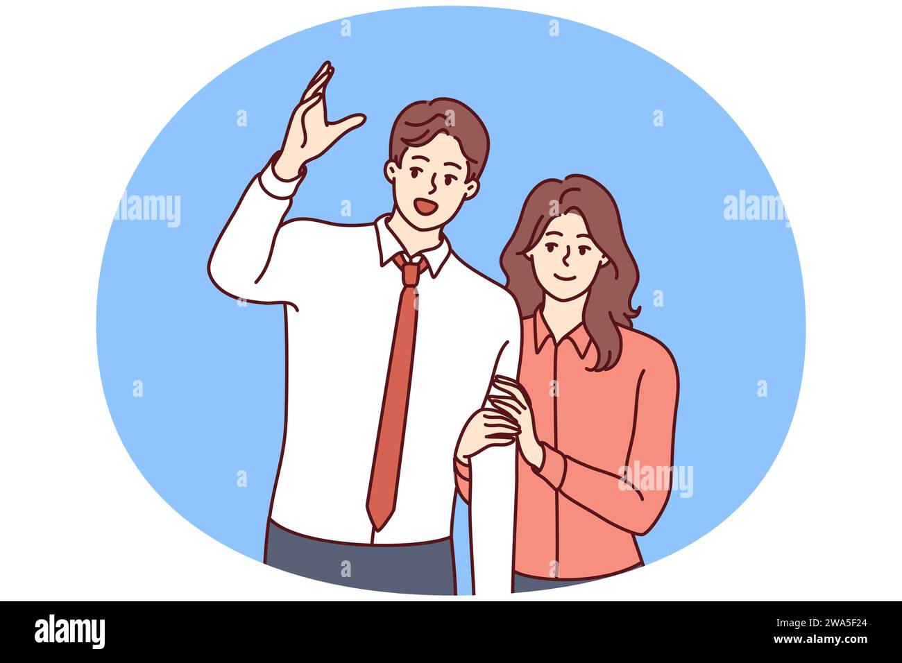 Man raising hand wanting to be noticed and modest smiling woman ...