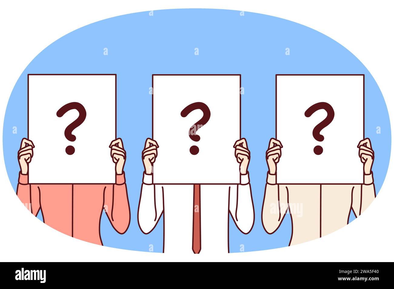 Several people stand side by side and cover faces with paper with ...