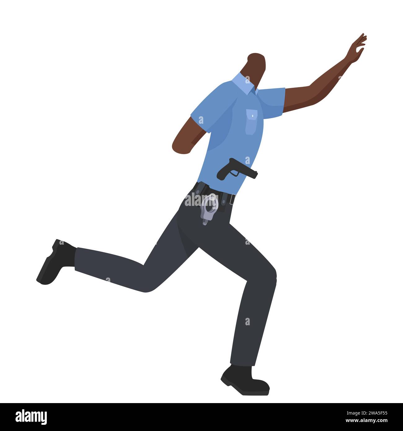 Black policeman chasing with gun. African male officer with weapon ...