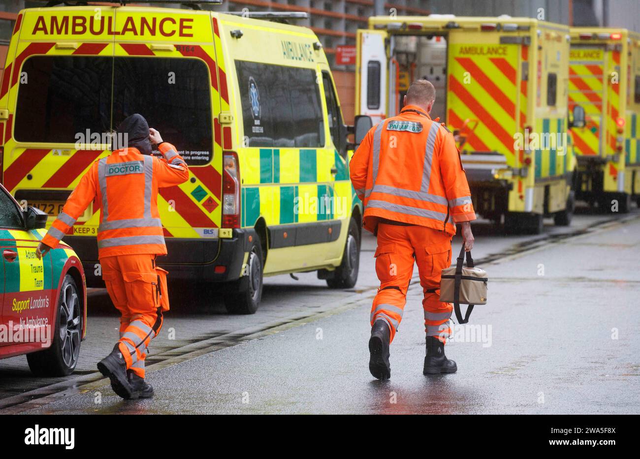 London, UK. 2nd Jan, 2023. Lines of ambulances at the Royal London ...