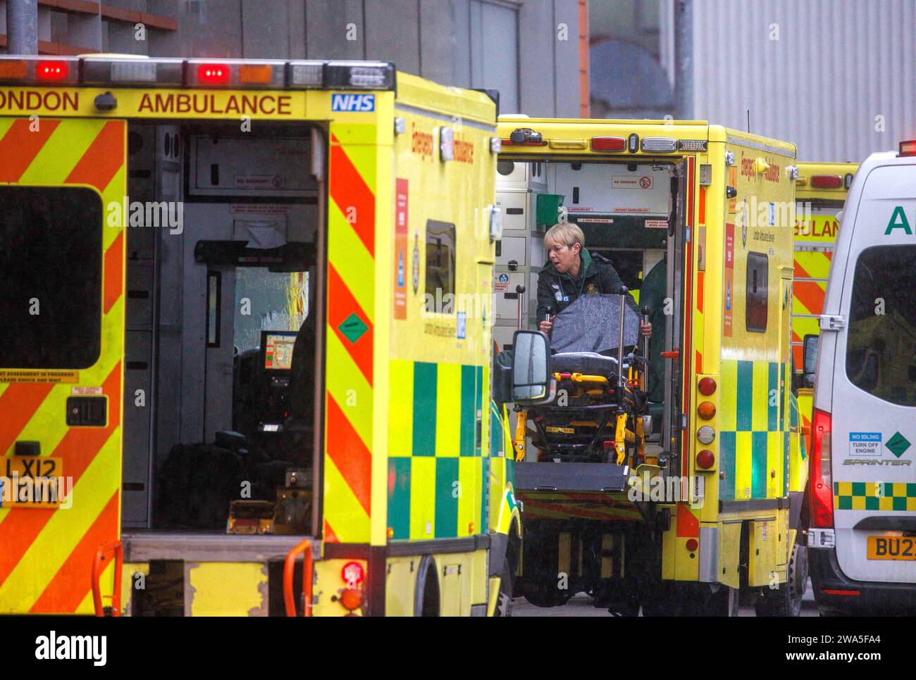 London, UK. 2nd Jan, 2023. Lines of ambulances at the Royal London ...