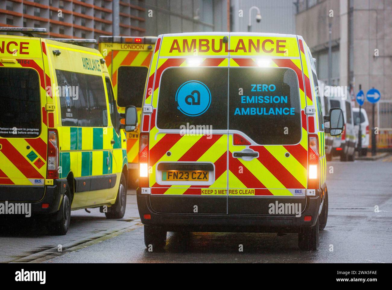 London, UK. 2nd Jan, 2023. Lines of ambulances at the Royal London ...