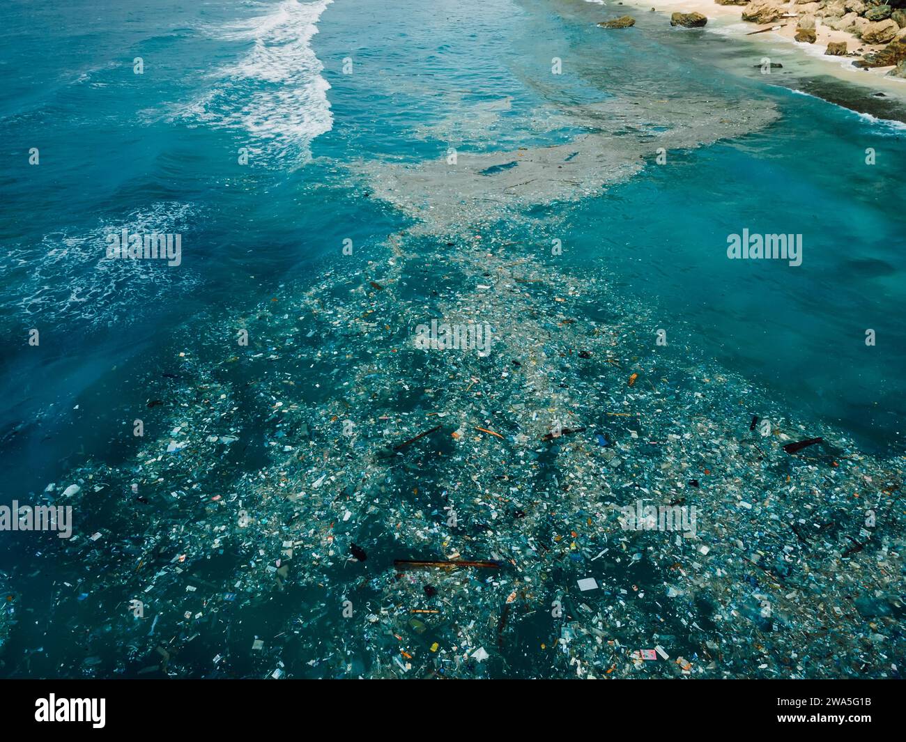 Indian ocean and plastic trash pollution, aerial view. Pollution by ...