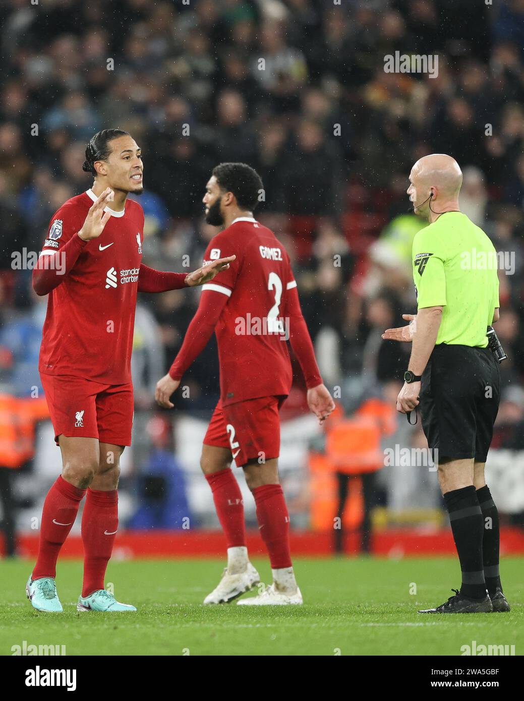 Liverpool, UK. 1st Jan, 2024. Virgil van Dijk of Liverpool protests ...