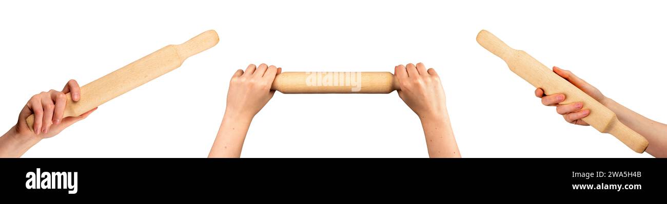 Hands with kitchen roller tool, holding and rolling abstract dough ...