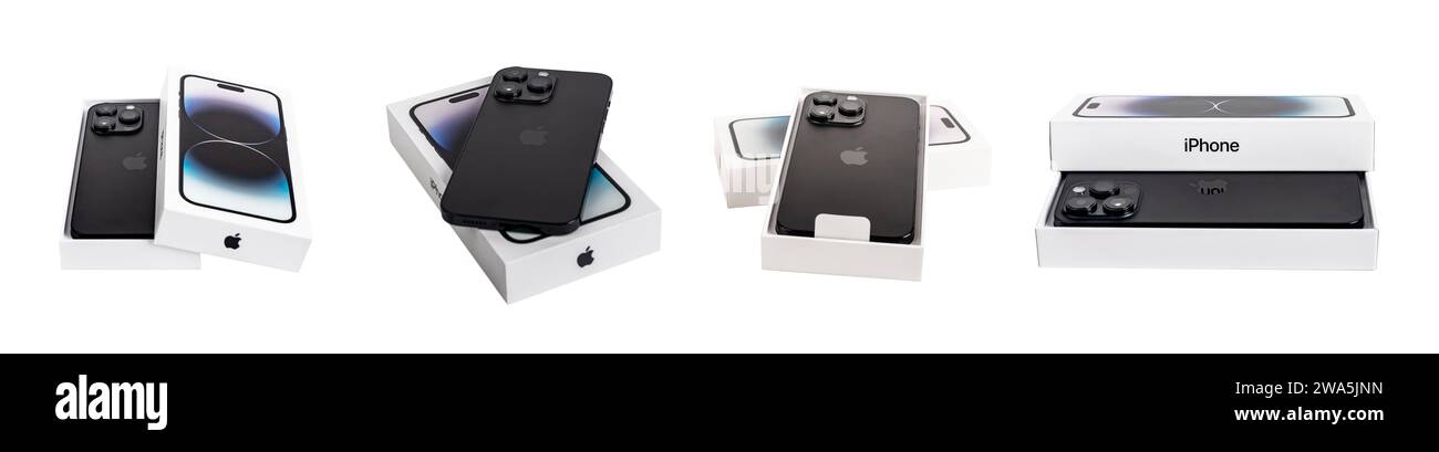 Lodz, Poland December 07 2023 Box, package of Iphone 14 pro, unpacking ...