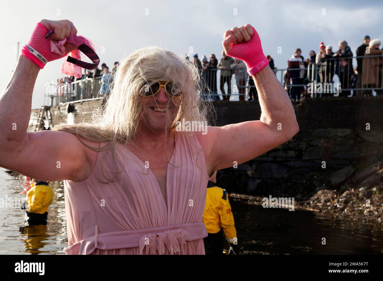 New Year Dook at Rhu Marina, Helensburgh, Scotland. Man dressed as ...