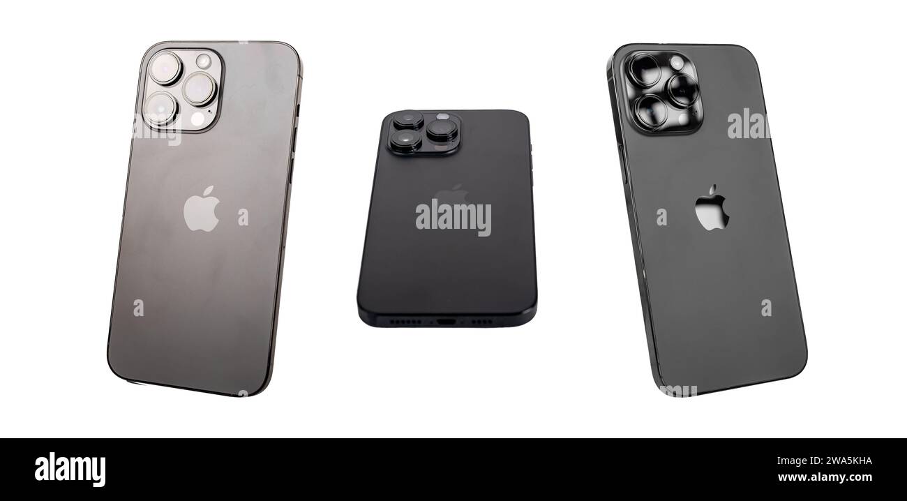 Lodz, Poland May 07 2023 Iphone 14 pro back side view with apple logo ...