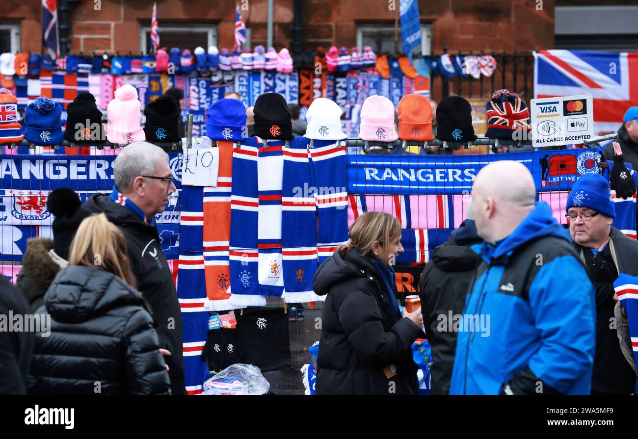 Rangers scarves and hats on sale outside the ground before the cinch ...