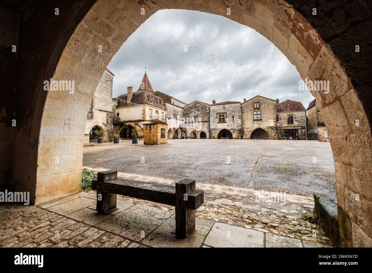 Monpazier, Nouvelle Aquitaine, France - 31st December 2023: Place des ...