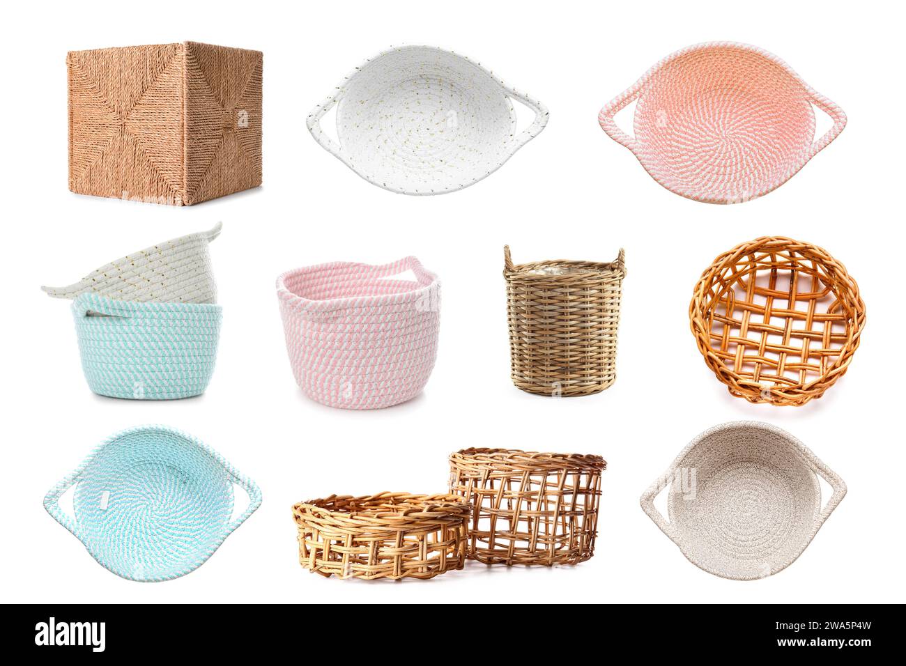Set of different wicker baskets isolated on white Stock Photo - Alamy
