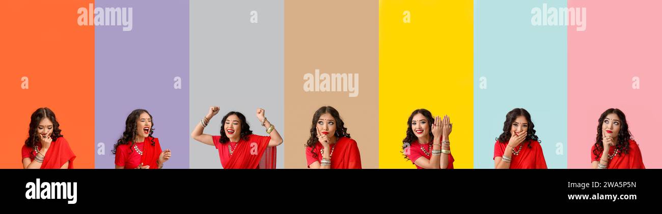 Set of pretty Indian woman in different mood on color background Stock ...