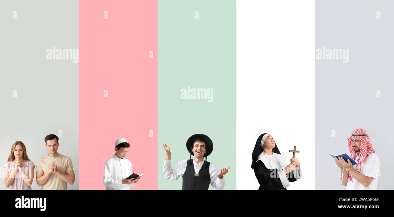 Set of representatives of different religions on color background Stock ...