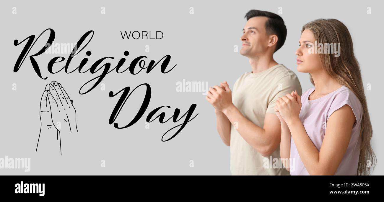 Young couple praying to God on light background. Banner for World ...
