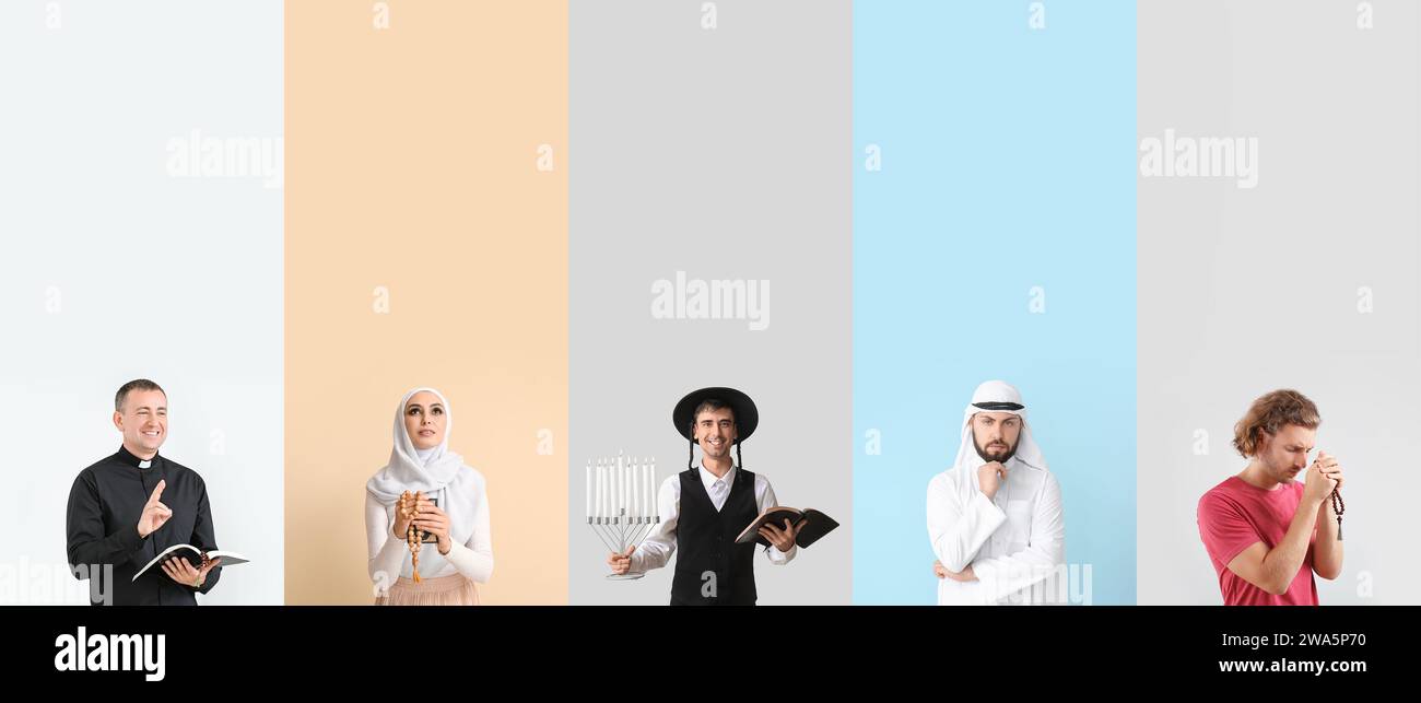 Set of representatives of different religions on color background Stock ...