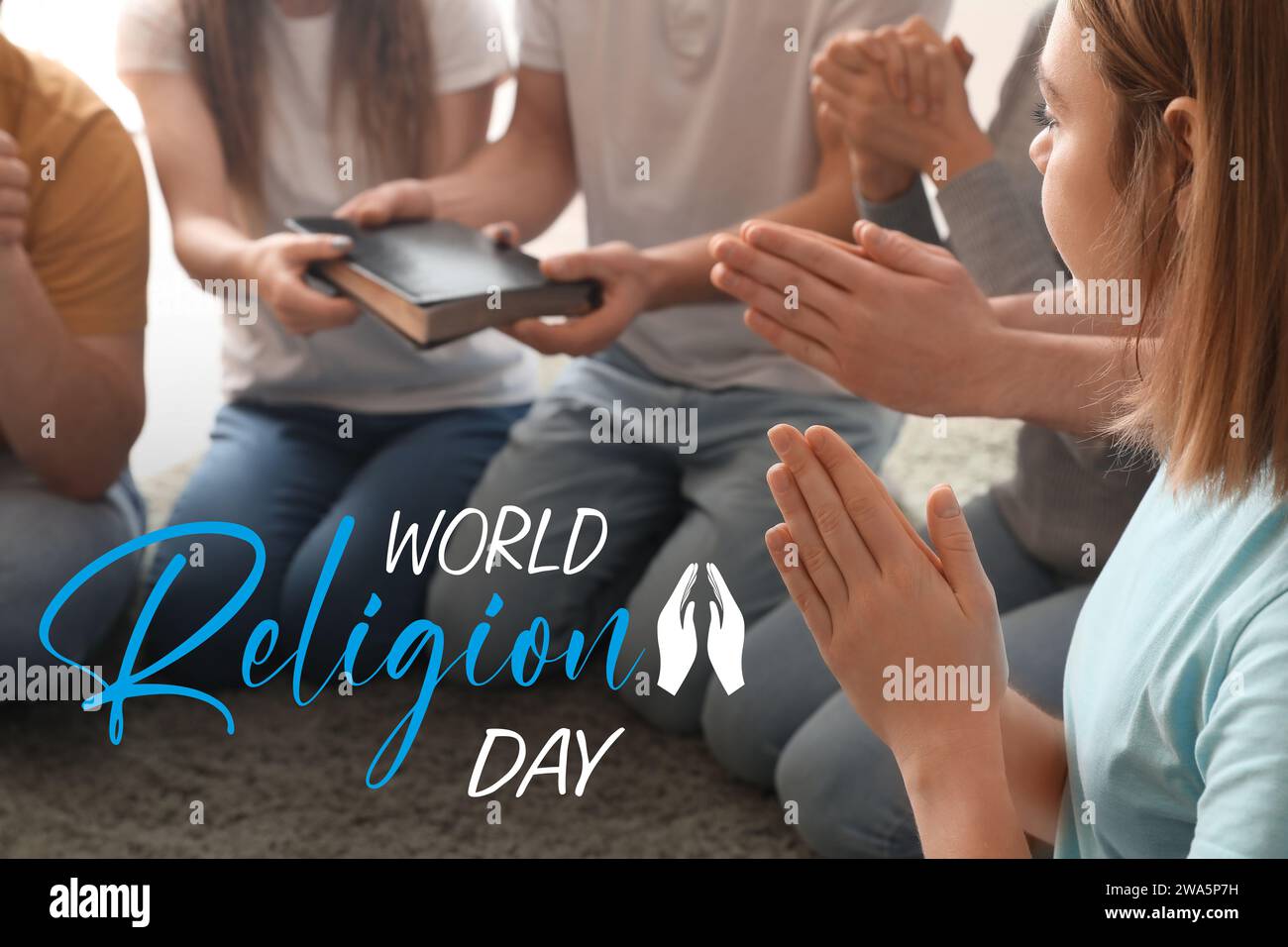 Group of praying people with Holy Bible. Poster for World Religion Day ...