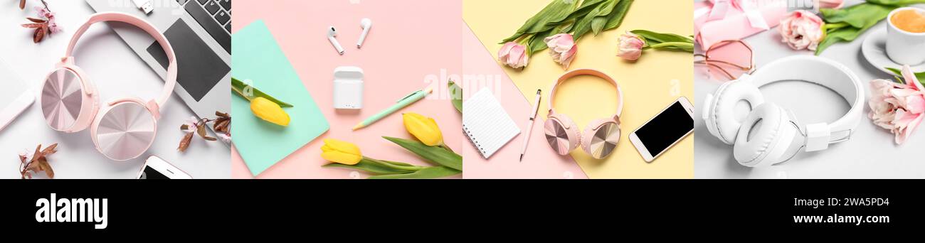 Collage of headphones with modern devices, office stationery and ...