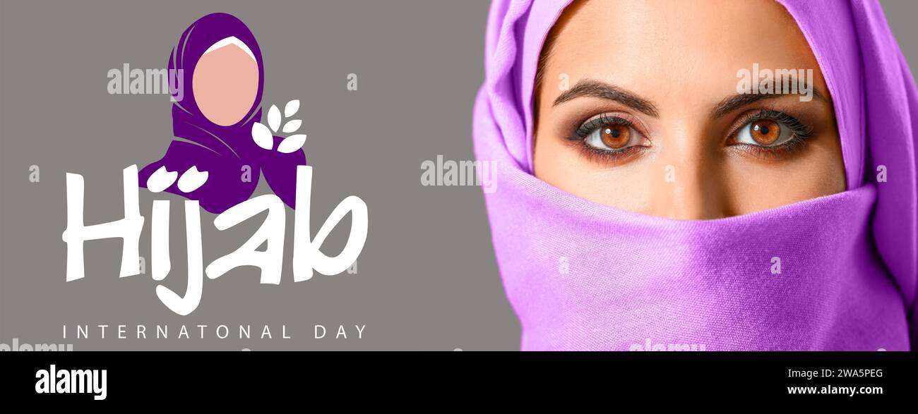 Banner for International Day of Purple Hijab with Muslim woman on grey ...