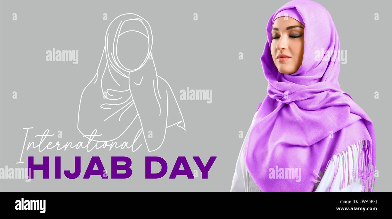 Banner for International Day of Purple Hijab with Muslim woman on grey ...