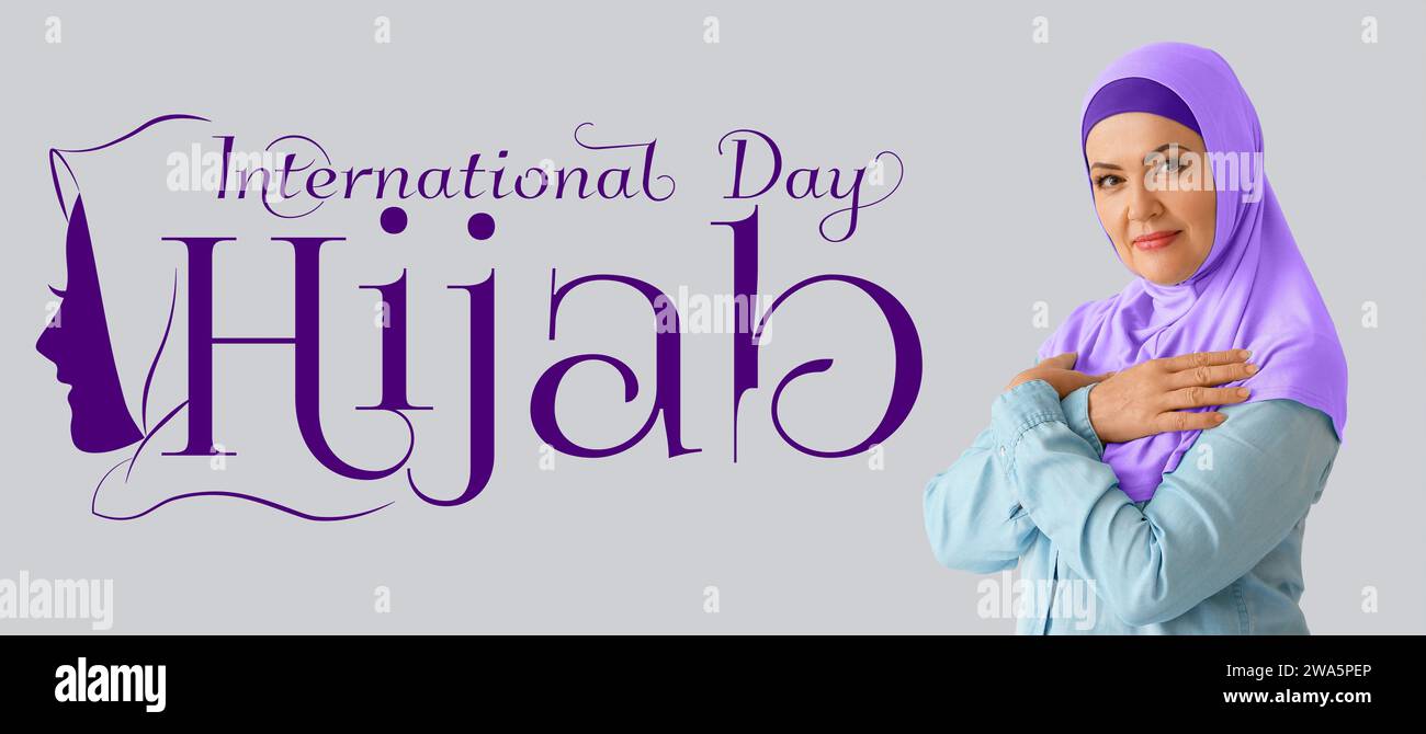 Banner for International Day of Purple Hijab with Muslim woman on grey ...