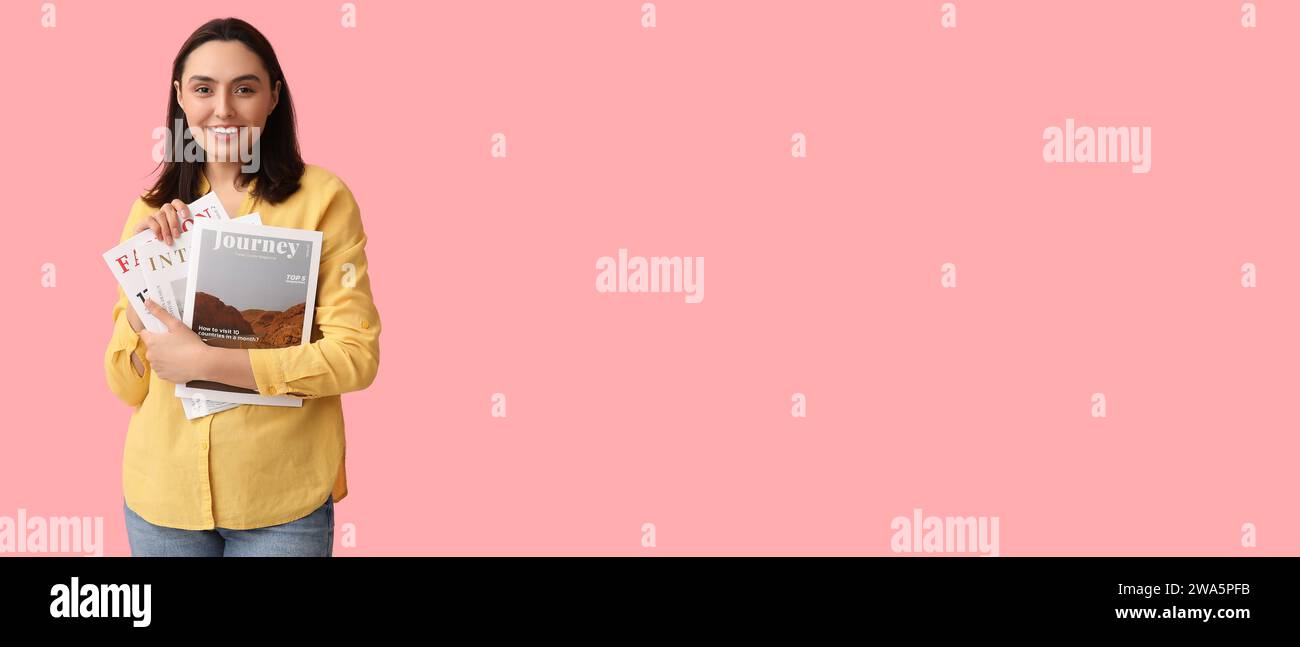 Beautiful woman with magazines on pink background with space for text ...