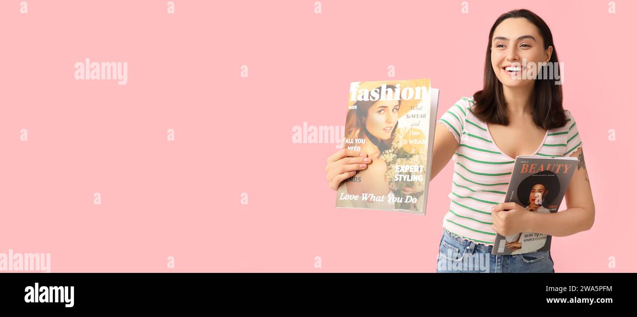 Beautiful woman with magazines on pink background with space for text ...
