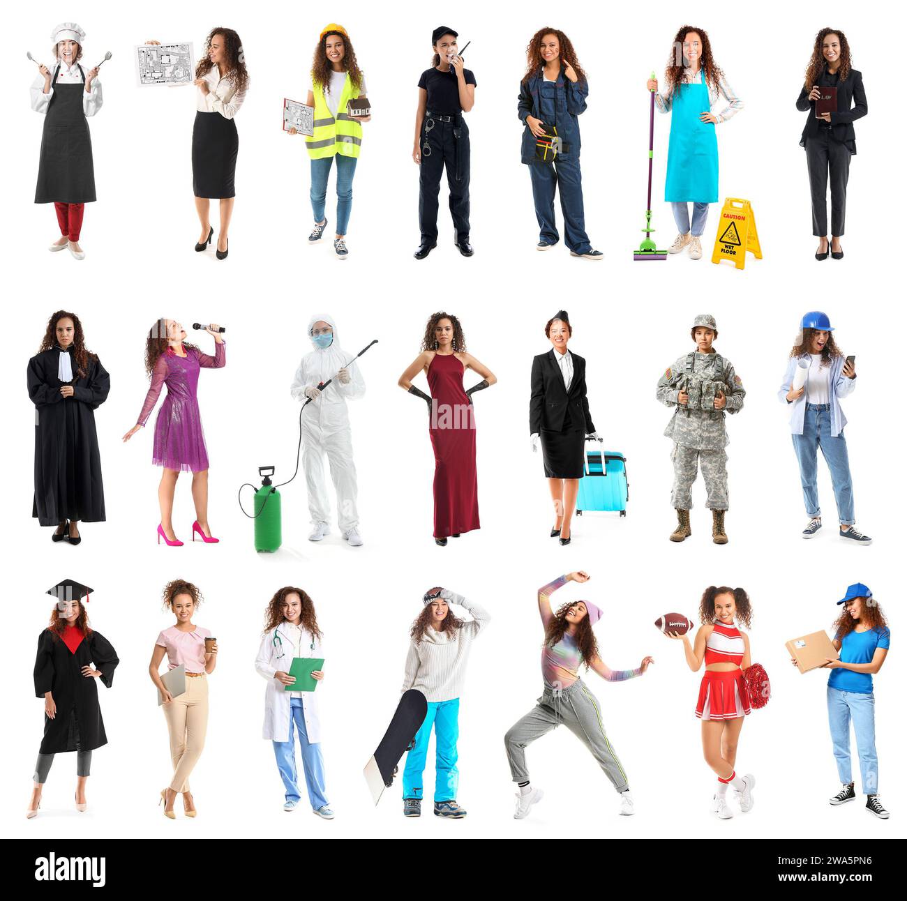 Set of young African-American woman from different professions on white ...